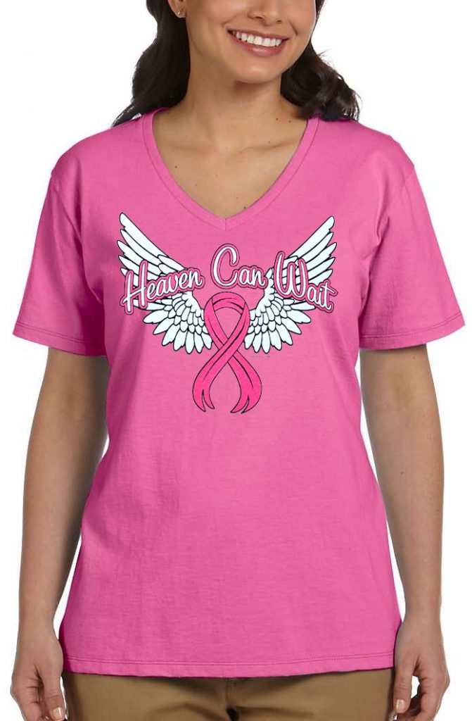 Ladies Breast Cancer Awareness Pink Ribbon Wings Dark Pink Crew or V ...